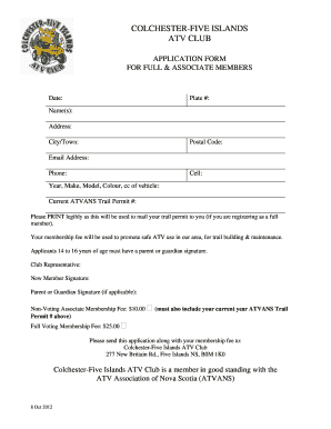 Fillable Online Membership form - Colchester-Five Islands ATV Club Fax ...