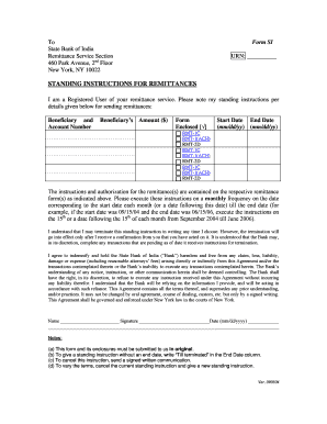 Fillable Online Standing instructions for remittances - State Bank of ...