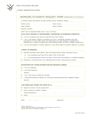 Fillable Online vub ac Working students request form (statement of Honour)* - vub ac Fax Email ...