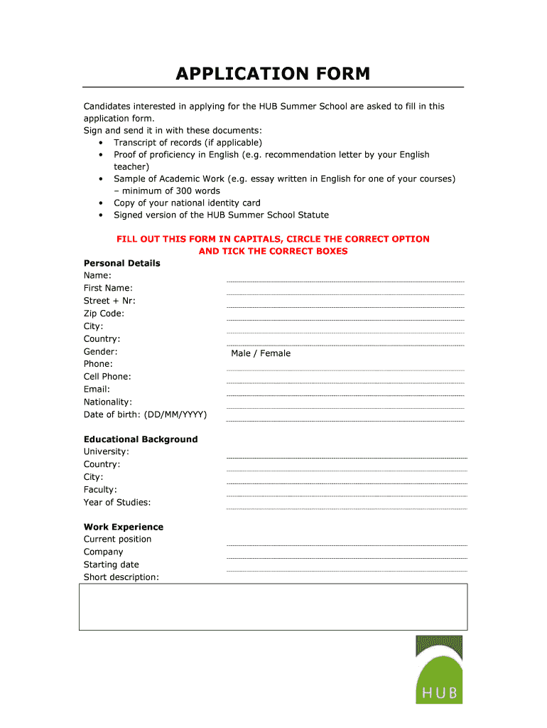 Fillable Online HUB Summer School Application Form Fax Email Print ...