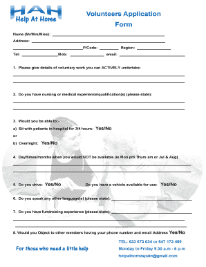 Fillable Online helpathome Volunteers Application Form - HAH. Help At ...