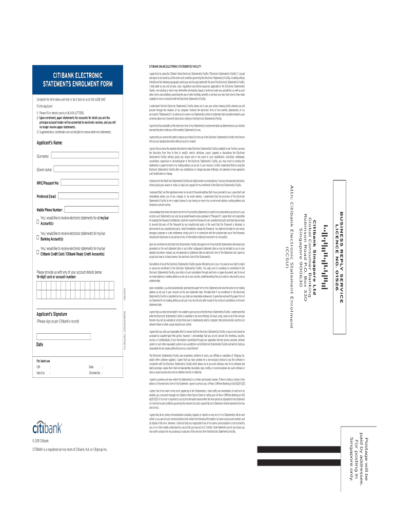 Fillable Online CITIBANK ELECTRONIC STATEMENTS ENROLMENT FORM Fax Email Print - pdfFiller