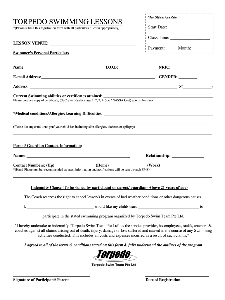 Swimming Lesson Application Form Fill Out Sign Online DocHub