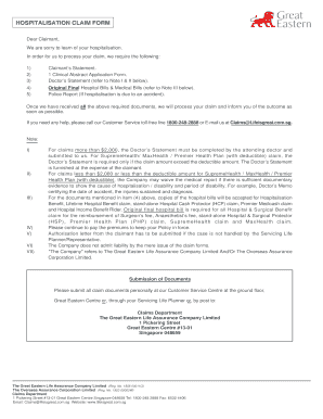 Fillable Online HOSPITALISATION CLAIM FORM - Great Eastern Life Fax ...