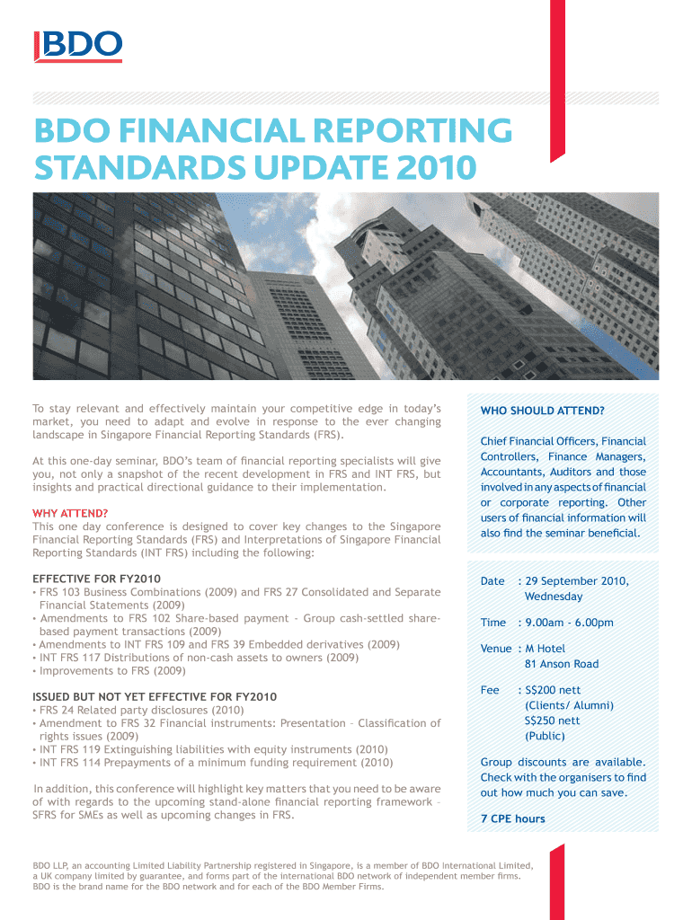 Fillable Online Bdo financial reporting standards update 2010 - bdo ...