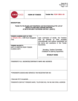 Fillable Online FORM OF TENDER Tender No: TCAT-2011-19 13 January ...