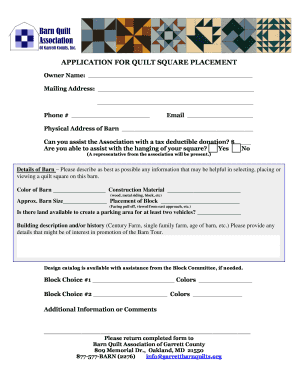 Fillable Online APPLICATION FOR QUILT SQUARE PLACEMENT Fax Email Print ...