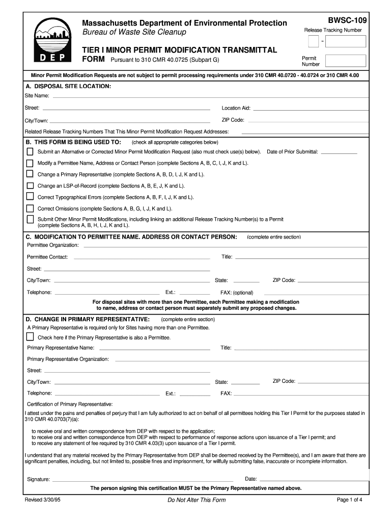Fillable Online TIER I MINOR PERMIT MODIFICATION TRANSMITTAL FORM Fax ...