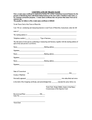 Fillable Online CERTIFICATE OF TRADE NAME - Town of Plainville Fax ...