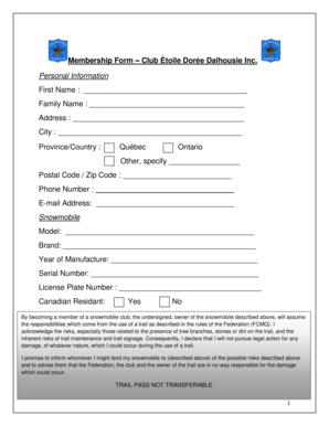 Fillable Online Membership Form Club toile Dor e Dalhousie Inc ...