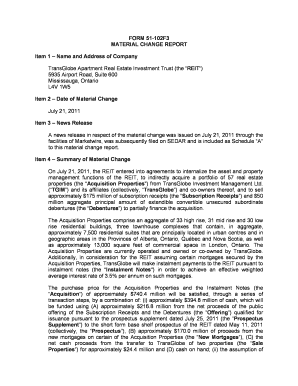 Fillable Online FORM 51-102F3 MATERIAL CHANGE REPORT Item 1 Name and ...
