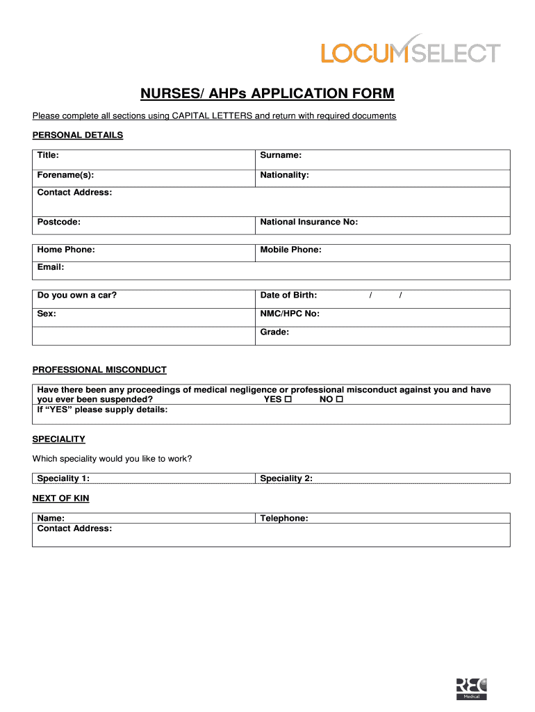 Fillable Online Nurses and Allied Health Professionals Application Form Fax Email Print - pdfFiller