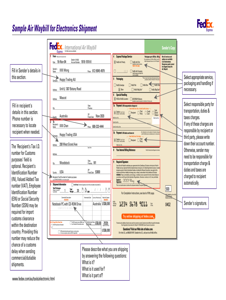 FedEx Sample Air Waybill For Electronics Shipment Fill And Sign 