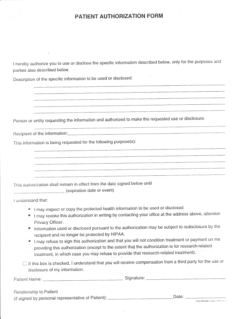 Fillable Online Patient Authorization for Use or Disclosure of Health ...