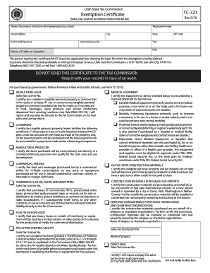 Fillable Online TC-721, Utah Sales Tax Exemption Certificate - TaxRates ...