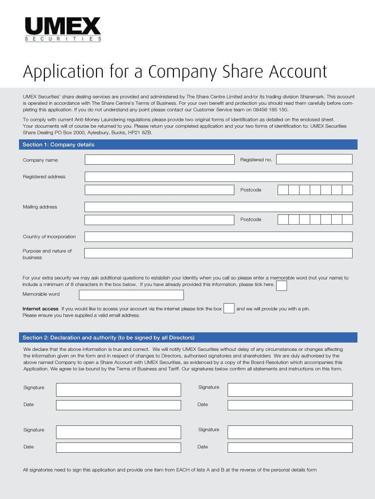 Fillable Online Application for a Company Share Account Fax Email Print ...