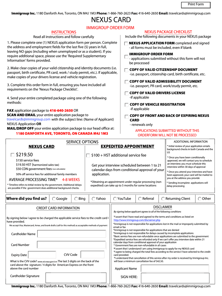 Fillable Online NEXUS CARD IMMIGROUP ORDER FORM Fax Email Print - pdfFiller