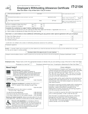 Fillable Online Form IT-2104: 2005, Employee's Withholding ...