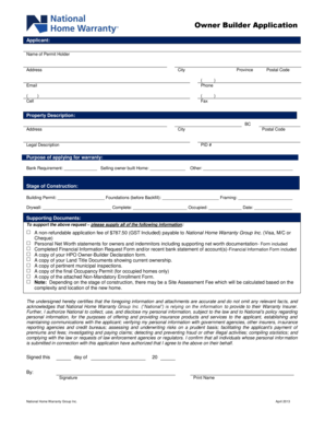 Fillable Online Owner Builder Application - National Home Warranty Fax ...