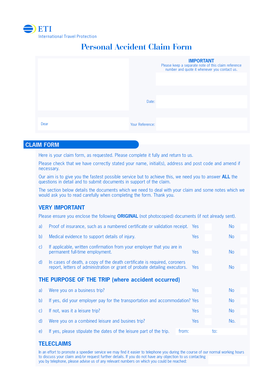 Fillable Online Personal Accident Claim Form - Assured Travel Insurance ...