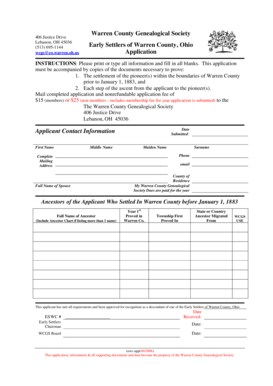 Fillable Online Warren County Genealogical Society Early Settlers of ...