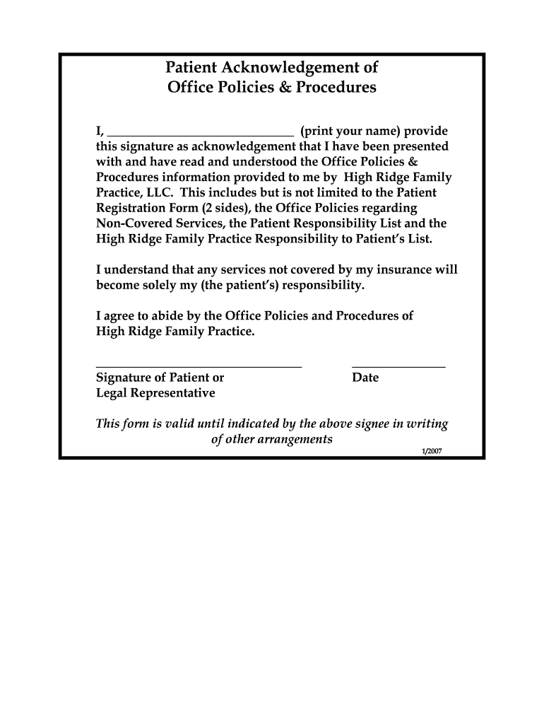 Fillable Online Patient Acknowledgement of Office Policies & Procedures ...