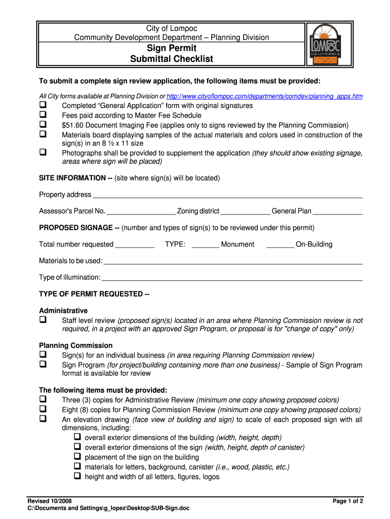 Fillable Online Sign Permit Submittal Checklist - the City of Lompoc ...