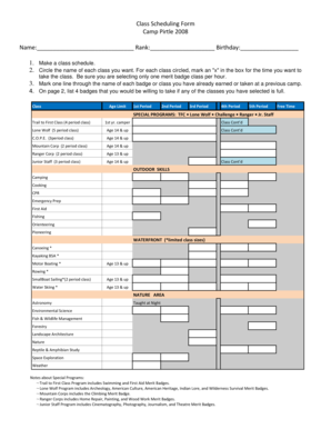 Fillable Online Class Scheduling Form Camp Pirtle 2008 Name: Rank ...