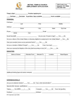 Fillable Online BETHEL TEMPLE CHURCH EMPLOYMENT APPLICATION Fax Email ...