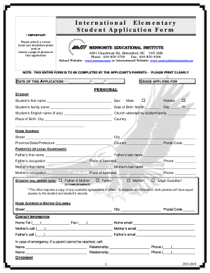 Fillable Online Elementary Application Form - MEI Schools Fax Email ...