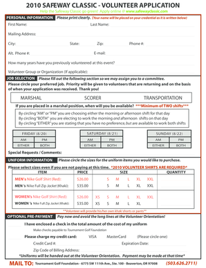 Fillable Online 2010 SAFEWAY CLASSIC - VOLUNTEER APPLICATION Fax Email ...
