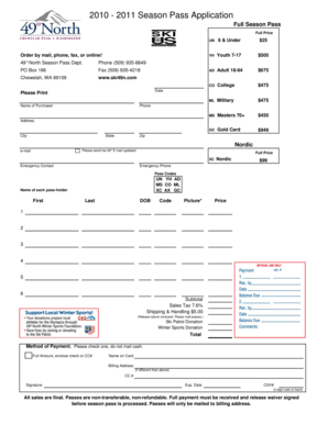 Fillable Online 2010 - 2011 Season Pass Application - 49 Degrees North ...