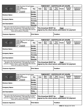 Fillable Online TIMESHEET / CERTIFICATE OF HOURS TIMESHEET ... Fax ...