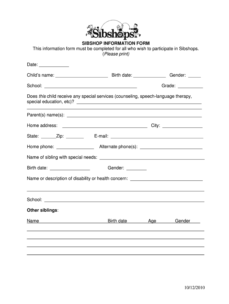 Fillable Online Sibshop Information Form Fax Email Print - pdfFiller