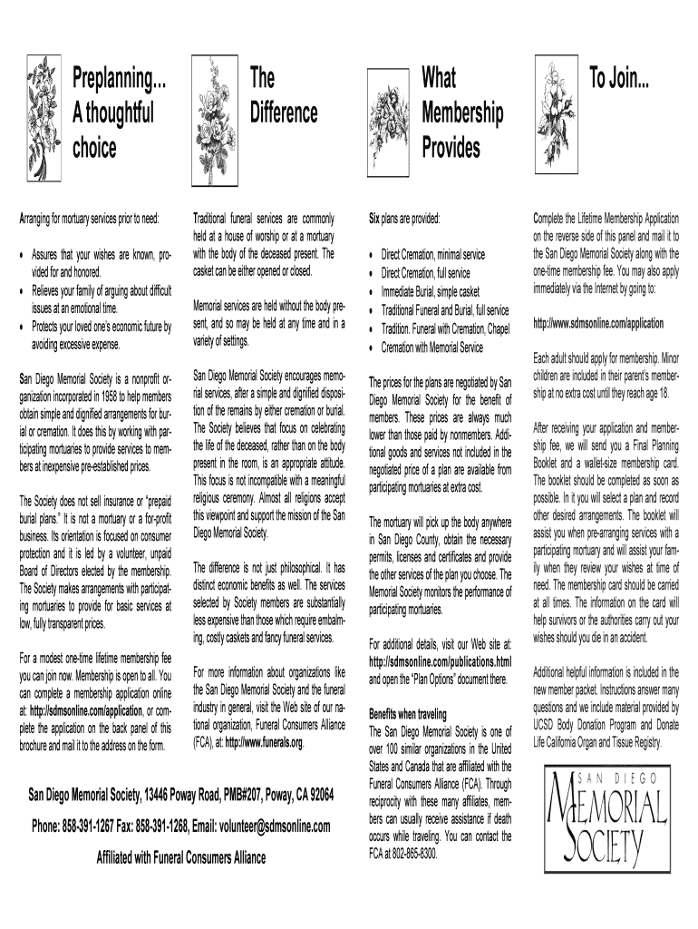 Fillable Online SDMS Brochure Application 2011.pub - San Diego Memorial Society Fax Email Print ...