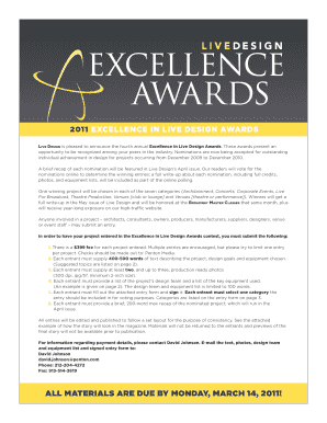 Fillable Online 2011 Excellence Awards Form - Live Design Fax Email Print - pdfFiller