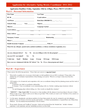 Fillable Online ASB Coordinator Application 2011-2012 - Alternative ...
