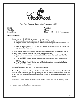 Fillable Online Pool Party Request - Reservation Agreement - 2011 Fax ...