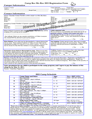 Fillable Online Camp Kee Mo Kee 2011 Registration Form Camper ...