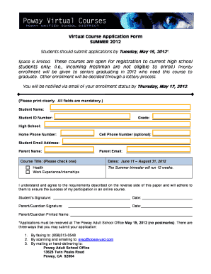 Fillable Online Virtual Course Application Form SUMMER 2012 - Poway ...