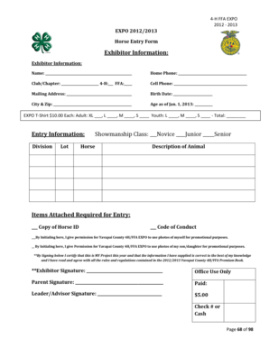 Fillable Online 2012-2013 Horse Entry Form - Yavapai County 4-H/FFA ...