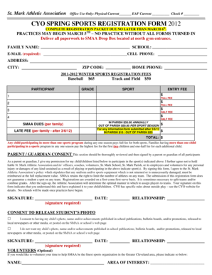 Fillable Online CYO SPRING SPORTS REGISTRATION FORM 2012 - St. Mark ...