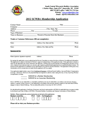 Fillable Online 2012 Membership Application - South Central Wisconsin Builders ... Fax Email ...