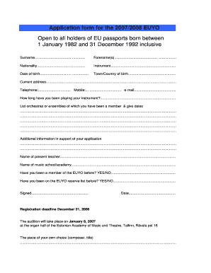 Fillable Online Application form for the 2007/2008 EUYO Fax Email Print ...