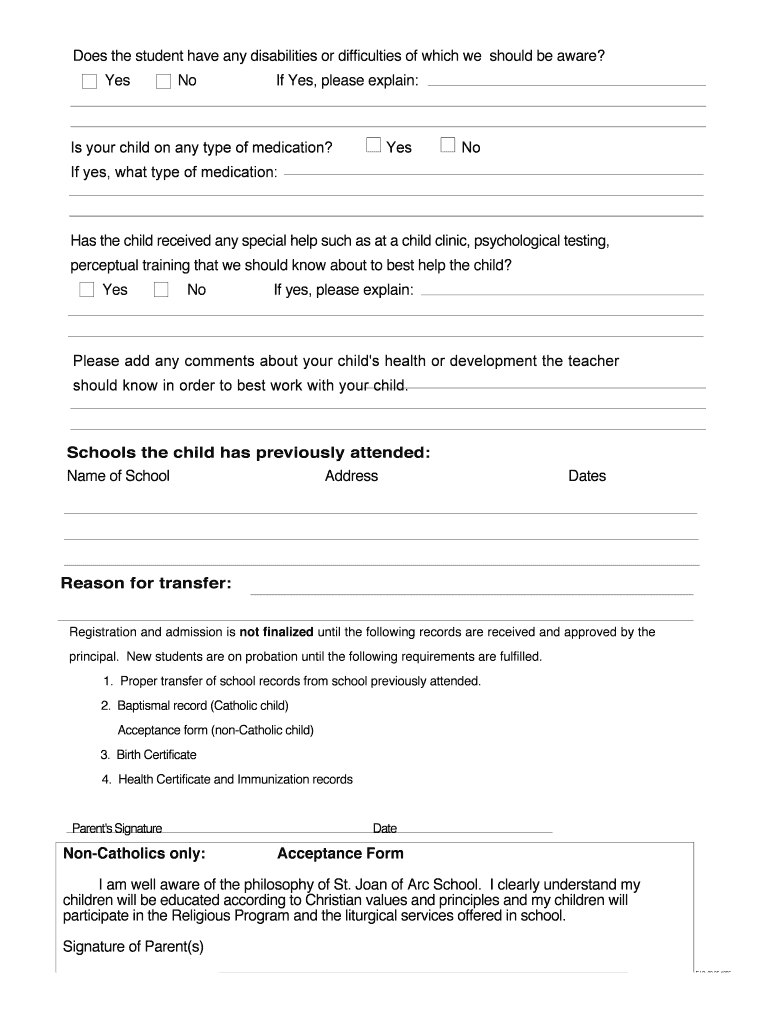 Fillable Online Grade 1-8 Registration form p.2 - St. Joan of Arc ...