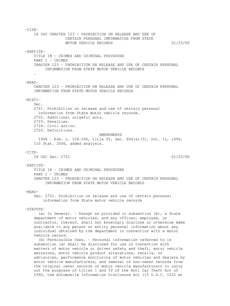 Fillable Online -CITE- 18 USC CHAPTER 123 - PROHIBITION ON RELEASE AND ...