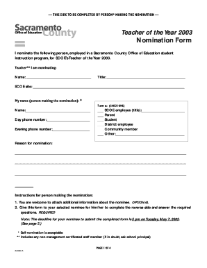 Fillable Online Teacher of the Year 2003 Nomination Form - Sacramento ...
