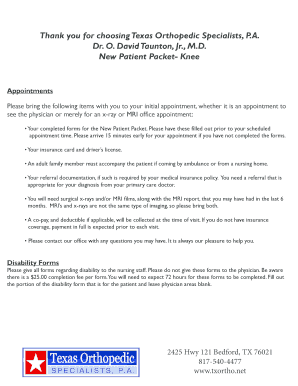 Fillable Online New Knee Patient Packet - Texas Orthopedic Specialists ...