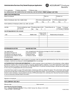 Fillable Online ASO Dental Employee Application - Instant Benefits ...