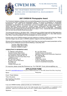 Fillable Online 2007 CIWEM HK Photographer Award APPLICATION FORM Fax ...